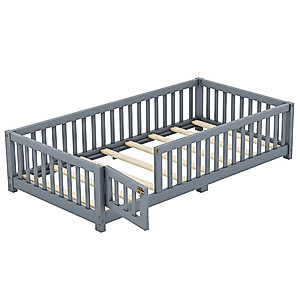 DNYN Twin Size Floor Bed for Kids Bedroom,Solid Wood Bedframe w/Door/Safety Guardrails/Wood Slat Support/Easy Assemble/Space Saving Design/No Box Spring Needed, Gray
