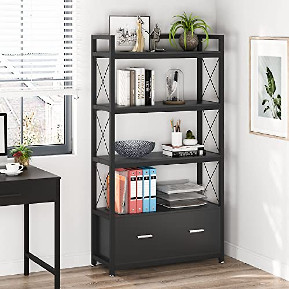 LITTLE TREE Freestanding Lateral File Cabinet with Drawer, Filiing Cabients with Shelves, Black