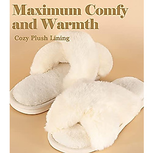 Ankis Women White Fuzzy Fluffy Slippers Soft Cozy Plush Memory Foam Open Toe Slippers for Bedroom, Comfy Cross Band Slippers for Womens House Indoor Size 5 6
