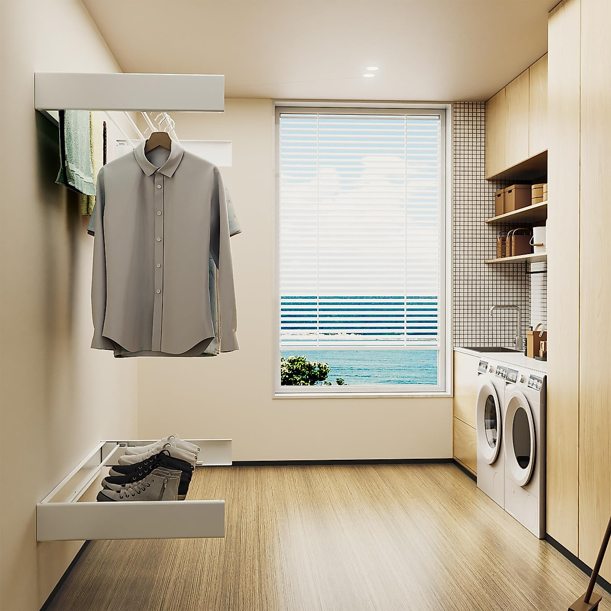 Wall Mounted Drying Rack 40",Laundry Drying Rack Collapsible, Retractable Clothes Drying Rack, 5 Aluminum Rods, 60 lb Capacity, with Wall Template, Screw, Drill Bit (White 40" Large)