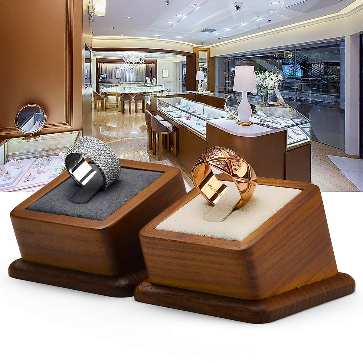 Oirlv Solid Wood Ring Holder,Square Single Ring Display Stand,Showcase Jewelry Display Bear