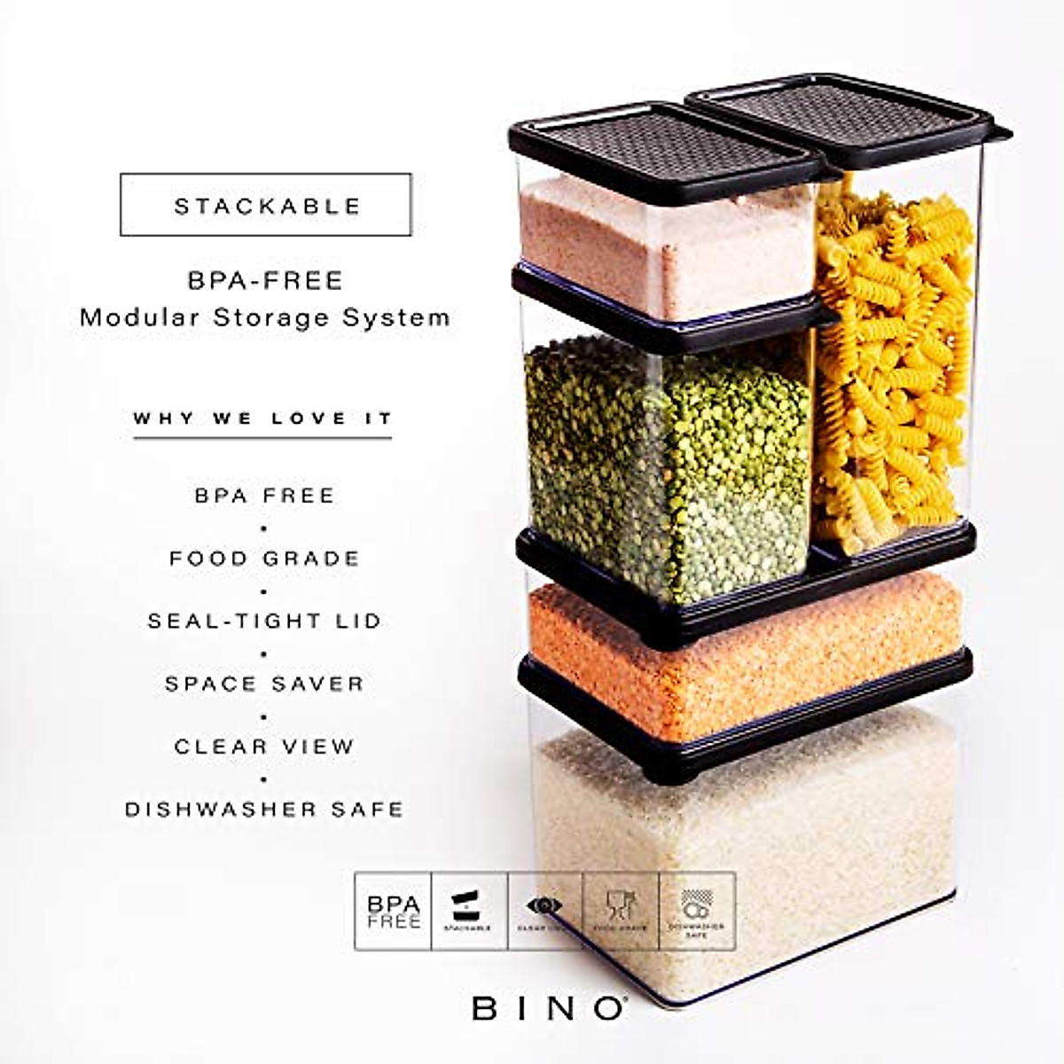 BINO | Food Storage Containers, 1.9 Qt/1.78 Liter, Black - 12 Pack | THE SNAP COLLECTION | Airtight Food Storage Containers with Lids | Pantry Organization | BPA-Free | Containers for Organizing