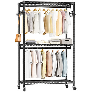 Heavy Duty Rolling Garment Rack with Adjustable Wire Shelving, 3 Tiers Clothes Rack with Double Rods and Side Hooks, Freestanding Wardrobe Storage Rack Metal Clothing Rack, Black
