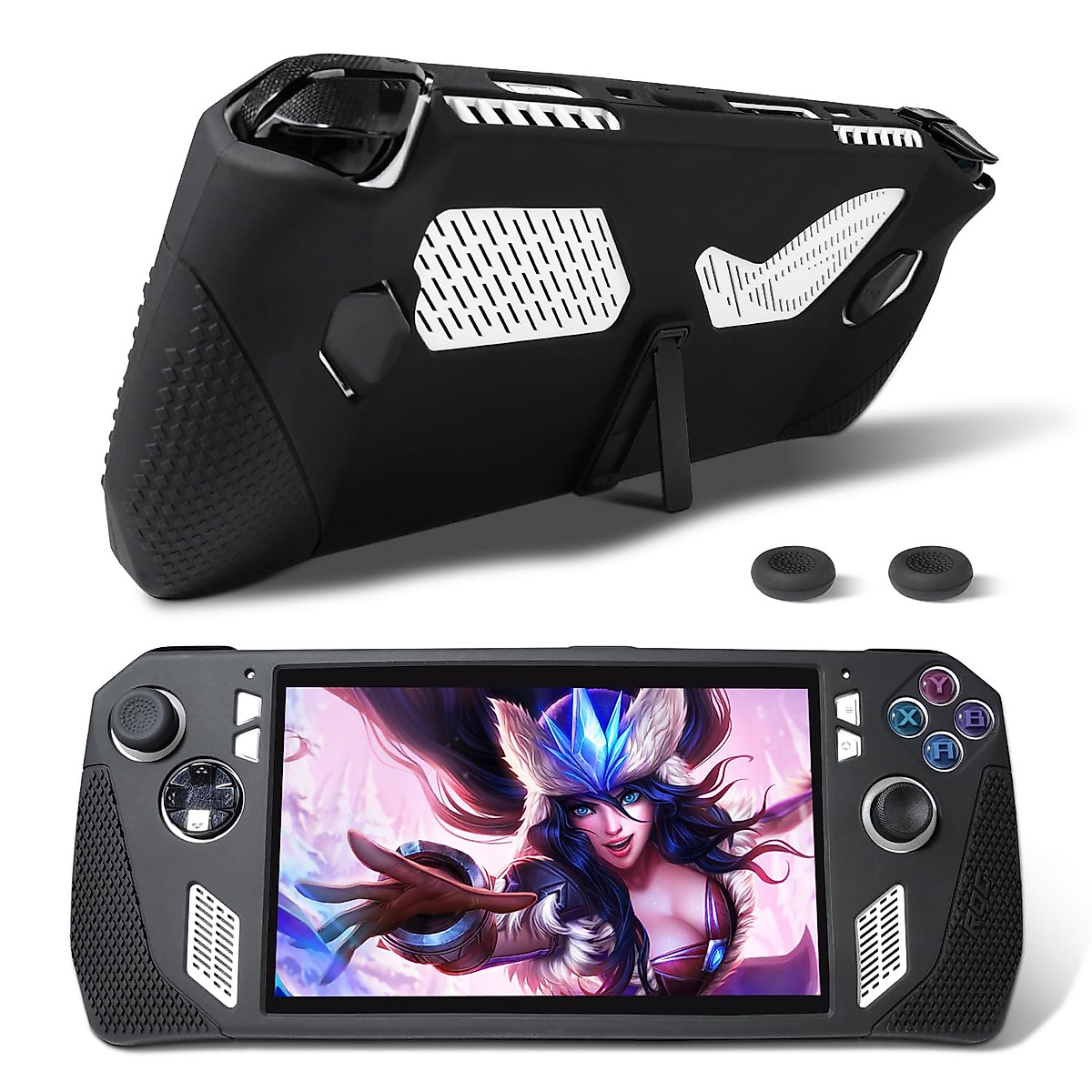 OPTOSLON Silicone Case with Kickstand Compitable with ASUS ROG Ally Gaming Handheld, Protective Cover Skin Shock-Absorption and Anti-Scratch with 2 Thumb Grips