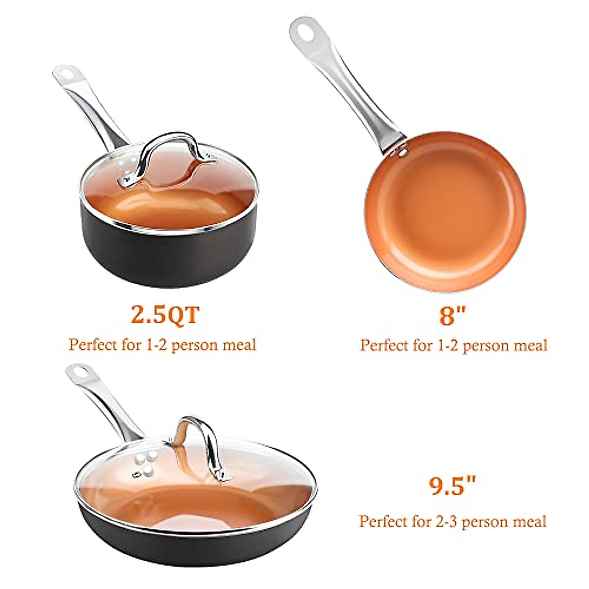 SHINEURI 5 Pieces Copper Cookware Copper Pans and Pot Nonstick Pot and Pans Copper Nonstick Cookware, Ceramic Pot and Pans, Copper Pot - 8 inch Pan, 9.5 inch Frying Pan and 2.5 qt Pot with Lid