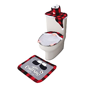 JAPIIM Christmas Toilet Seat Cover, 4pcs Christmas Bathroom Decorations, Swedish Christmas Bathroom Decor, Black Red Plaid Xcmas Decorations, Gnome Toilet Tank Cover for Christmas Bathroom Decoration