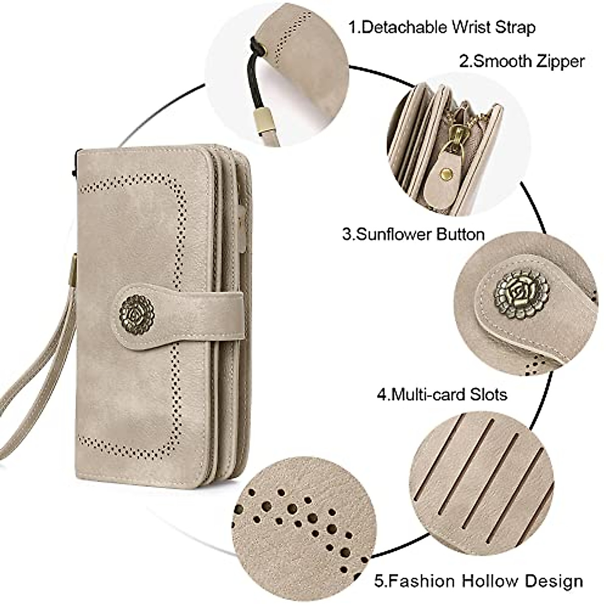 CLUCI Wallet for Women Leather Large Capacity Purse Wristlet Clutch RFID Blocking Credit Card Holder with ID Window Two-toned Gray