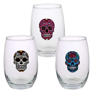 SET OF 3 Day of the Dead Stemless Skull Flower Wine Glasses, 15 oz glass Halloween Gasparilla