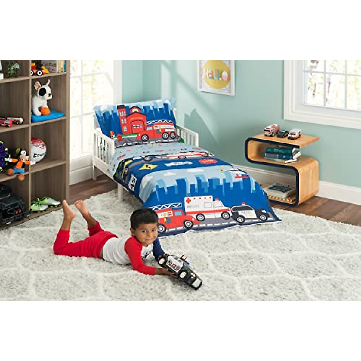 EVERYDAY KIDS 4 Piece Toddler Bedding Set -Fire and Police Rescue- Includes Comforter, Flat Sheet, Fitted Sheet and Reversible Pillowcase