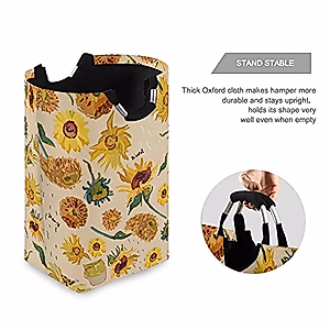 Poeticcity Van Gogh Style Sunflowers Laundry Hamper Basket Bucket, Foldable Dirty Clothes Bag, Waterproof Fabric Washing Bin, Toy Storage with Handles for Bathroom Bedroom