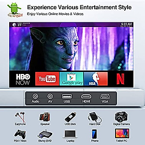 Portable Video Projector with WiFi&Bluetooth, Mini HD Outdoor Movie Projector with Airplay Mirroring & Speaker for Smart Phone, LED Home Theater Projector with Android OS/HDMI/USB for TV Stick DVD PC