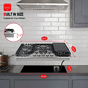 30 Inch Gas Cooktop with Griddle, GASLAND Chef PRO GH3305SF Gas Stovetop with 5 Burners, Reversible Cast Iron Grill/Griddle, 120V Plug-in, NG/LPG Convertible, CSA certified, Stainless Steel