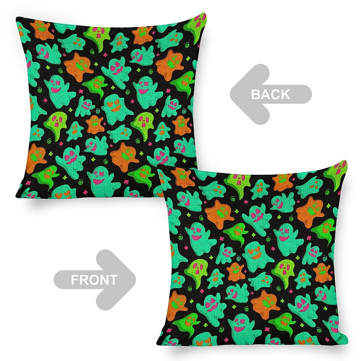 Happy Halloween Cute Ghost Throw Pillow Covers 18×18 Pillowcases Set of 2 Green Glitter Linen Decorative Square Pillow Case Cushion Covers Standard Size for Sofa Couch Outdoor Bed Pillow Protectors