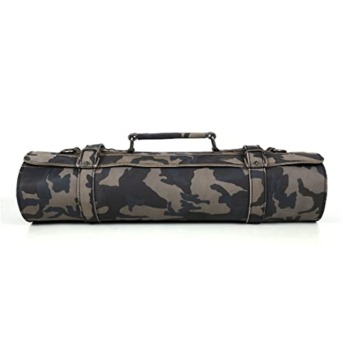 Leather Knife Roll Storage Bag, Elastic and Expandable 10 Pockets, Adjustable/Detachable Shoulder Strap, Travel-Friendly Chef Knife Case (Camo Green, Leather)
