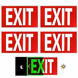 EXIT Sign - Glow In The Dark Photoluminescent EXIT Sign- 12"x7" Red With Adhesive Backing and Removable Directional Arrows Waterproof, Fade Resistant,4-Pack Exit Signs for Business
