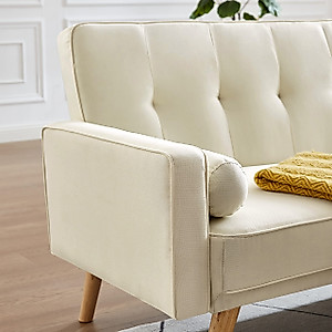 Mid-Century Convertible Futon Sofa Bed,Modern Linen Fabric Small Loveseat,Folding Sleeper Couch Bed with Armrests & 2 Pillows,Recliner Sofa with Solid wood Legs for Living Room Office (Beige)