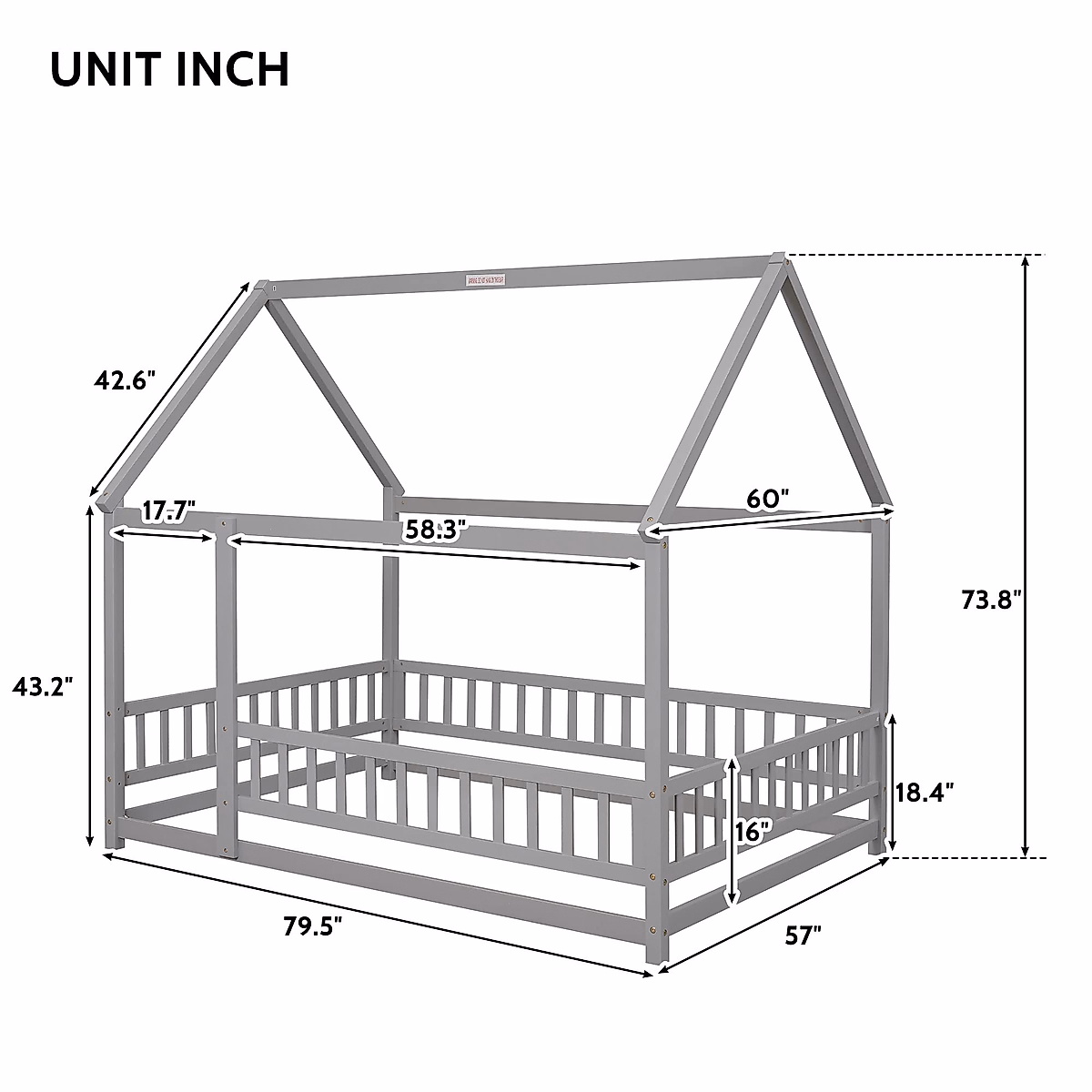 HZHOME Size House Floor Bed Wooden Montessori Bed with Fence and Roof for Kids Playhouse Style Bed Frame for Girls Boys Teens, Grey