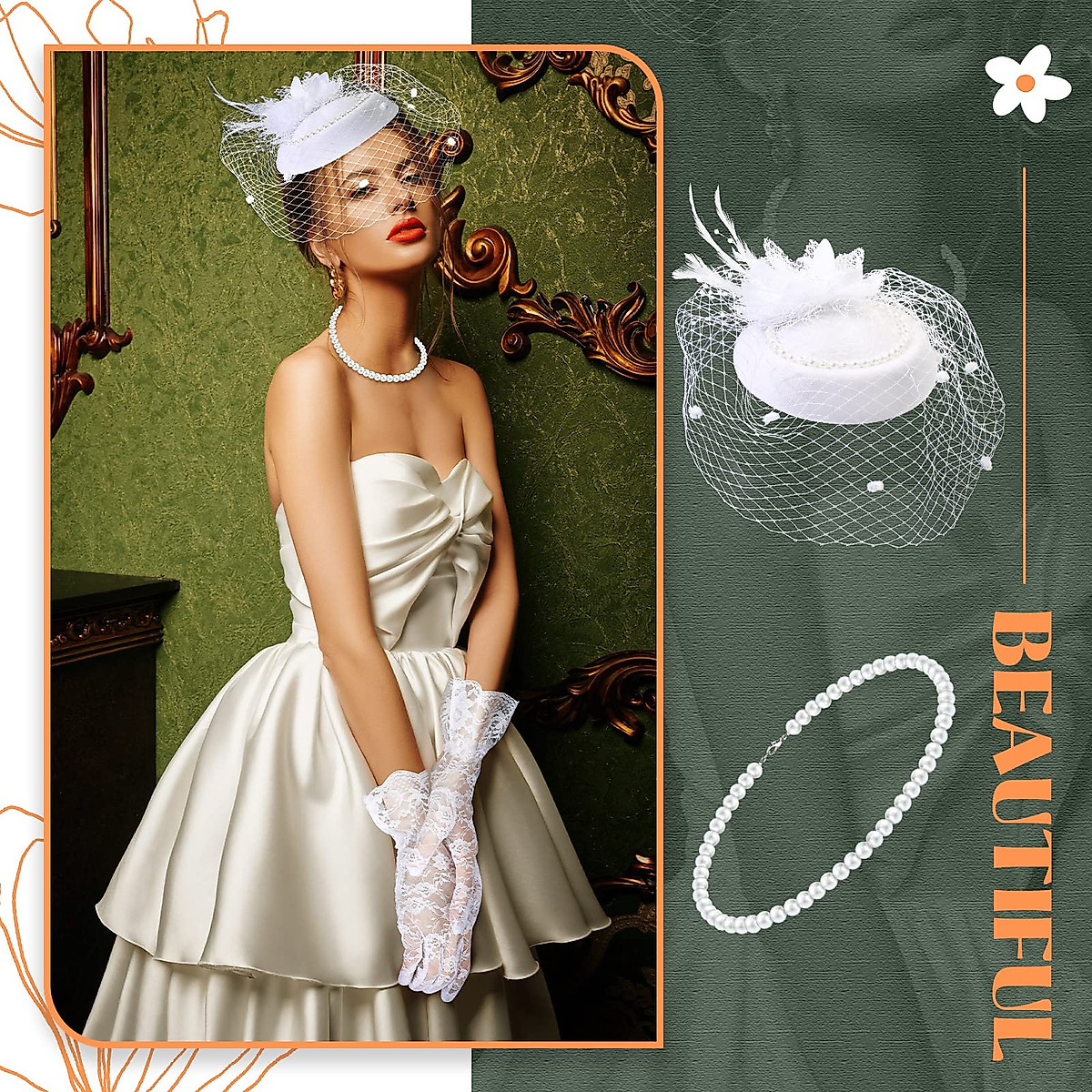 3 Pieces Fascinator Hat for Women Tea Party Derby Hat with Veil Feather Funeral Headpiece Lace Gloves Pearl Necklace (White)