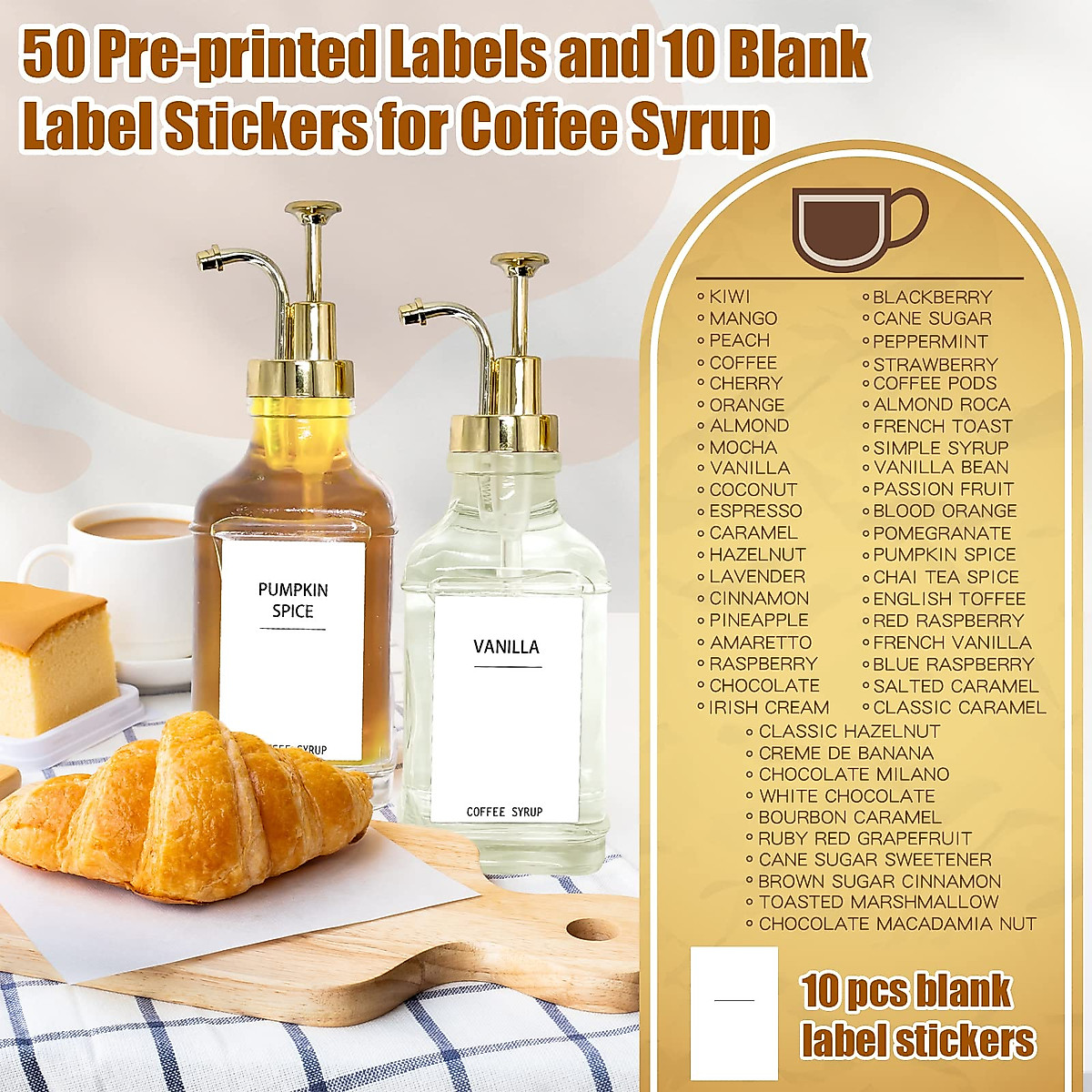 2 Pack 16.9OZ Square Coffee Syrup Dispenser for Coffee Bar with Labels and Gold Pump, 500ML Syrup Bottles for Coffee Bar Home Bar, BPA Free & Durable Transparent Glass Coffee Syrup Dispenser Bottles