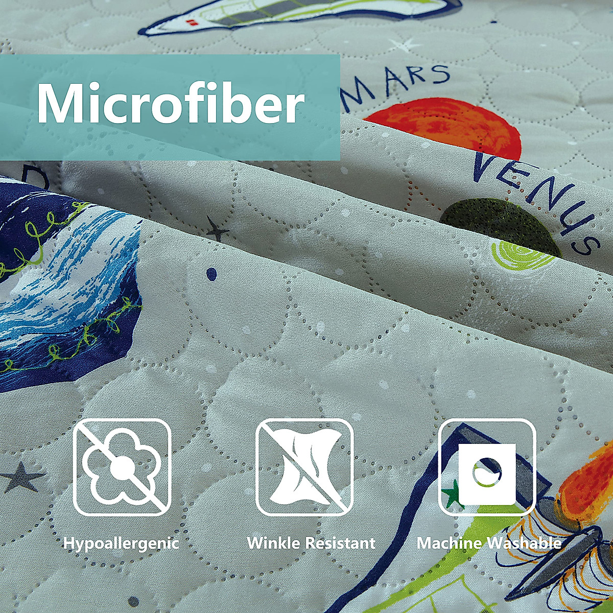 3 Pieces Kid's Galaxy Outer Space Adventure Bedspread Coverlet Set Twin Size with Pillowcases, Planets Rockets Printed Quilt Set for Boys Girls Children Lightweight Bedding Sets (Twin, Gray Universe)