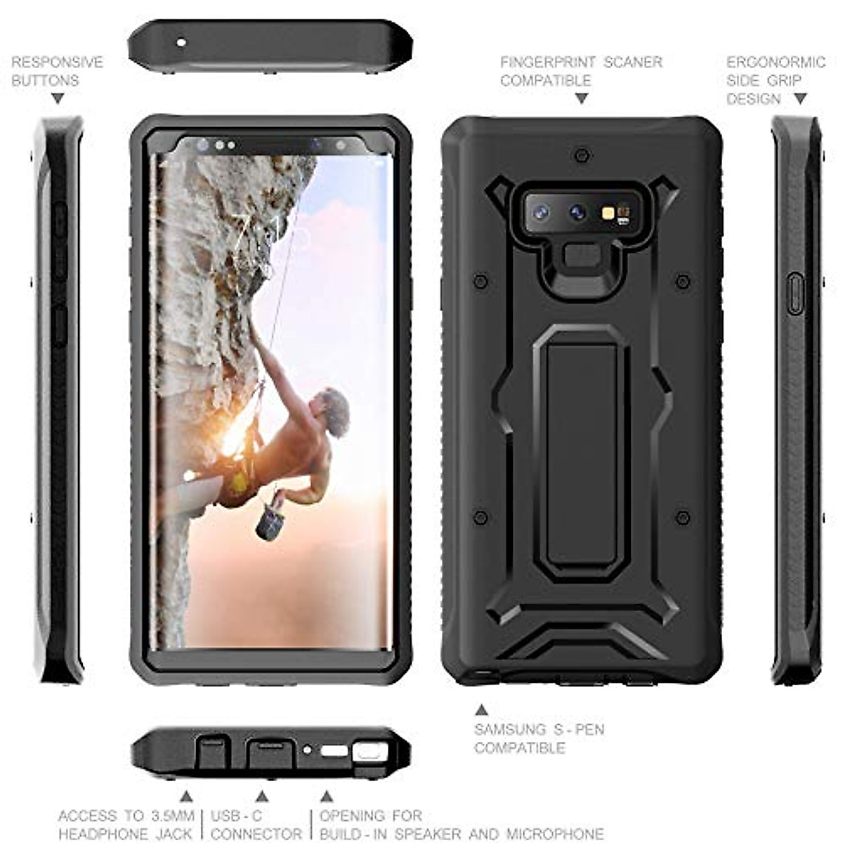 ArmadilloTek Vanguard Designed for Samsung Galaxy Note 9 Case (2018 Release) Military Grade Full-Body Rugged with Built-in Screen Protector & Kickstand (Black)