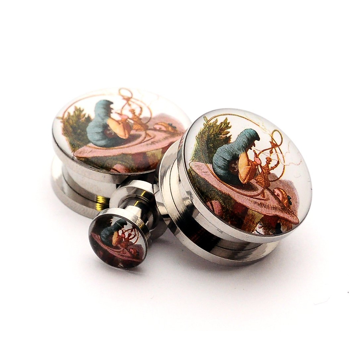 Mystic Metals Body Jewelry Screw on Plugs - Alice In Wonderland Style 4 Picture Plugs - 00g - 10mm - Sold As a Pair