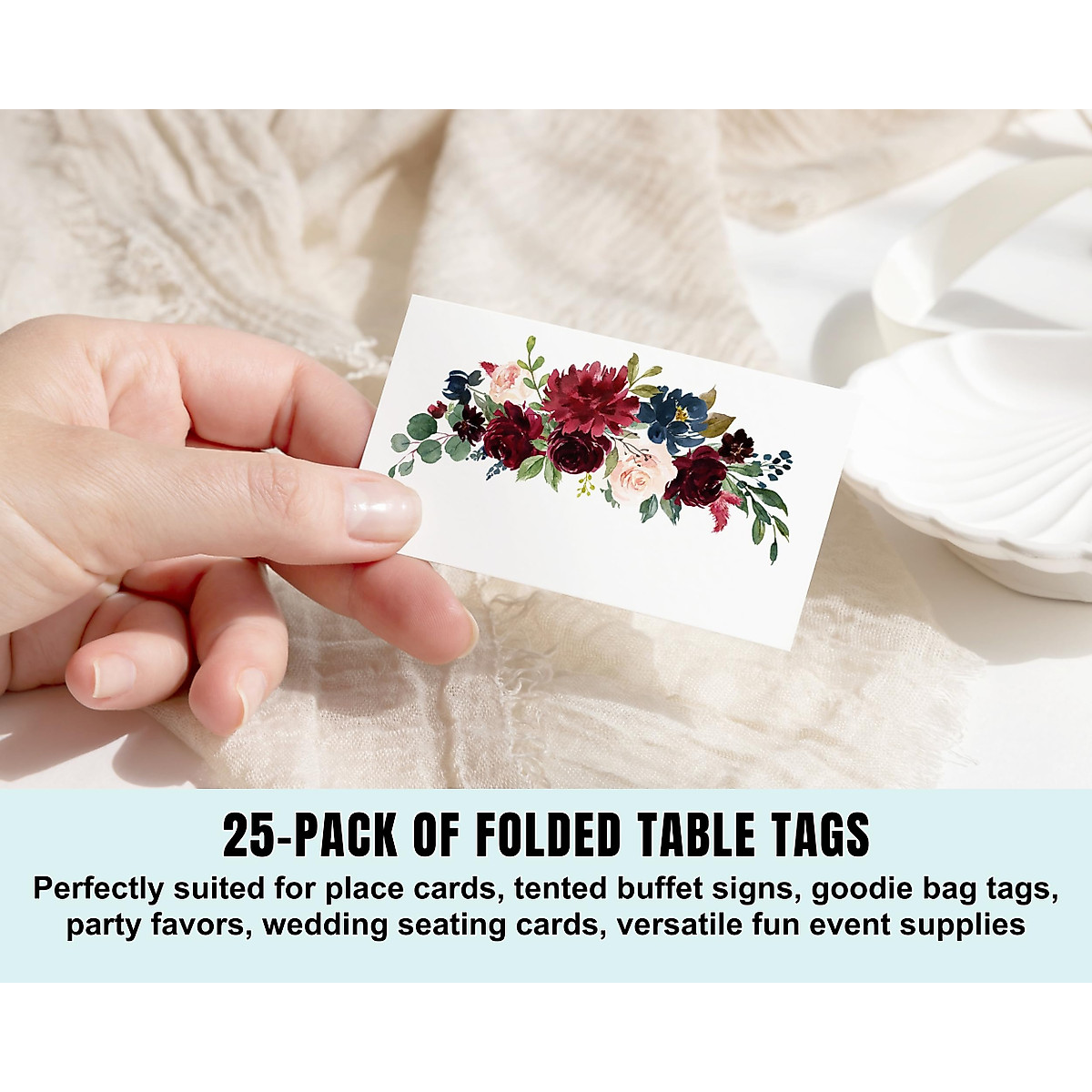 Indigo Floral Table Place Cards (25 Pack) Buffet Signs for Bridal Shower, Baby Shower, Wedding Seating, Any Event – Fold Over Favor Tag - Folded Tented Blank Card – Rustic Country Party Supplies