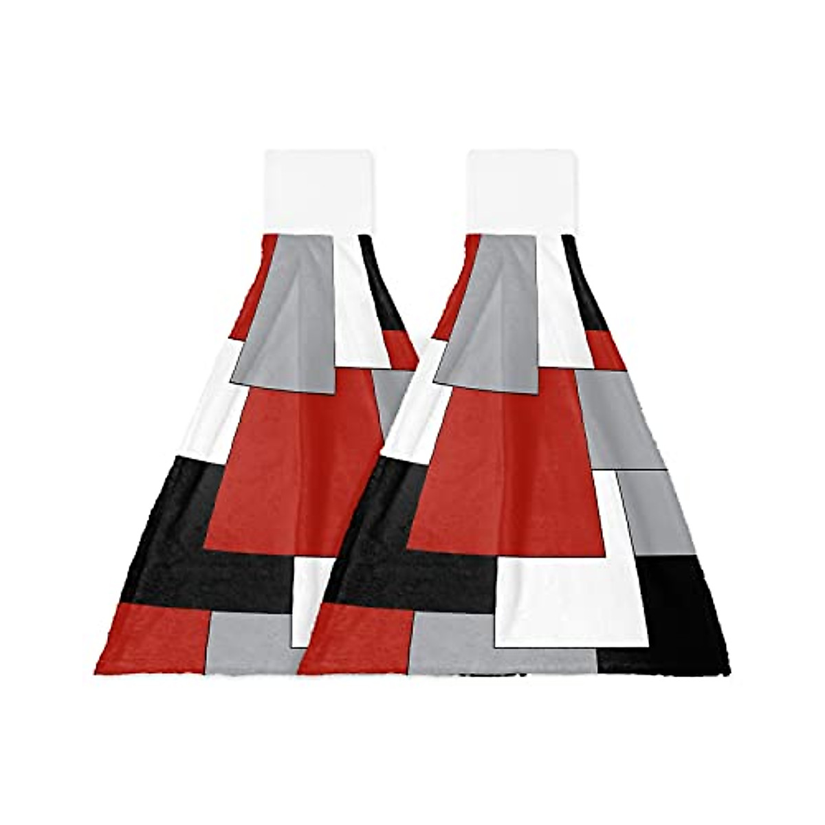 PIEPLE 2 PCS Kitchen Hand Towels, Irregular Geo Color Block Soft Plush Hanging Tie Towels with Loop for Kitchen Bathroom Dish Cloth Tea Bar Towel White Grey Black Red Abstract Geometric
