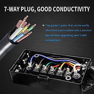 OPL5 7 Way Trailer Plug 8 Feet Heavy Duty Inline Trailer Cord with 7 Gang Wiring Junction Box Weatherproof 7 Pin Trailer Wiring Harness Include Plug Holder for Campers Caravans Food Vans