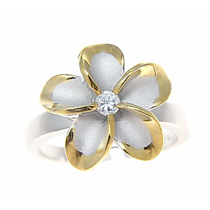Arthur's Jewelry Sterling silver 925 Hawaiian plumeria flower cz ring 15mm rhodium and yellow gold plated 2 tone size 8.5