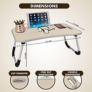 Folding Lap Desk for Bed and Sofa - Portable Wide Surface Bed Desk with Built-in Cup Holder and Tablet or Phone Slot for Working, Studying, Eating, and Watching Movies (Beige)