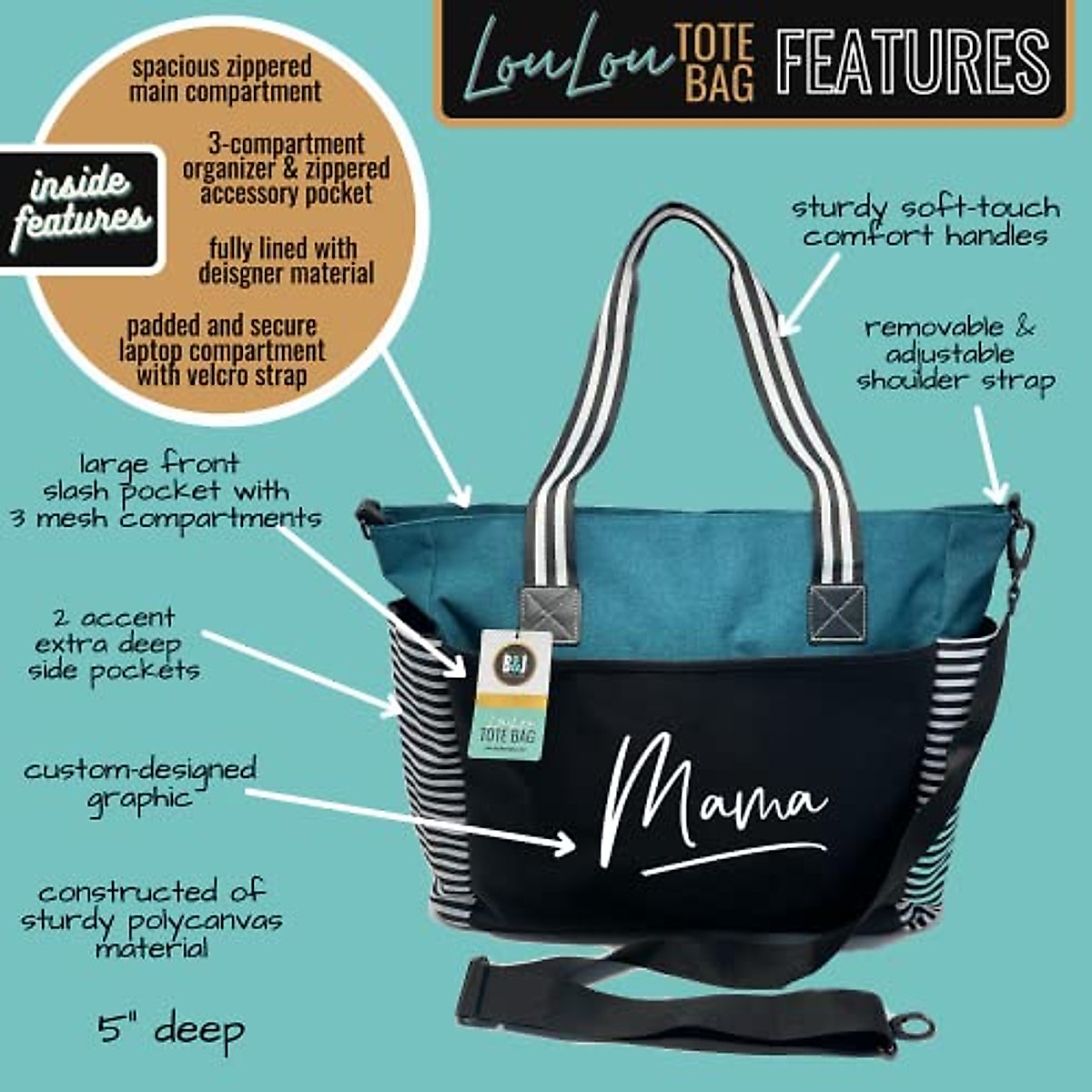 Brooke & Jess Designs Mommy Bag for Hospital - Mama Bear Mom Tote Bag - Mom Bags for Women, Maternity Gift Bags for Mamas (Mama LouLou Teal)