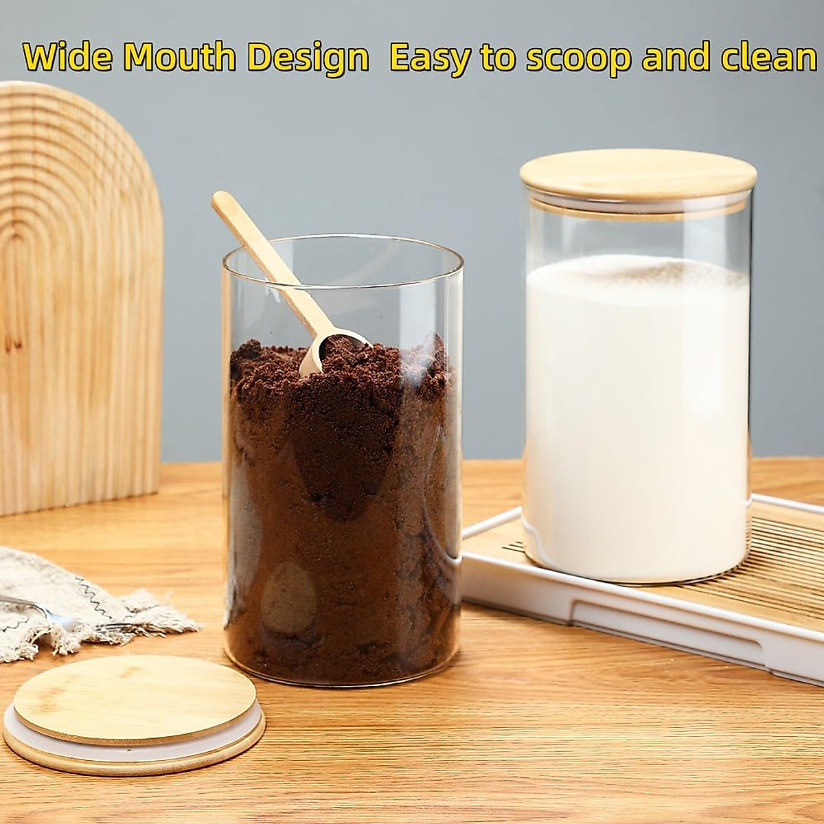 Recceng Glass Flour Containers with Lids Airtight 130 oz, Set of 2 Large Glass Jars for Flour and Sugar Wide Mouth with Wooden Lids, Flour Canister Glass for Baking Jars with Bamboo Lids for Coffee