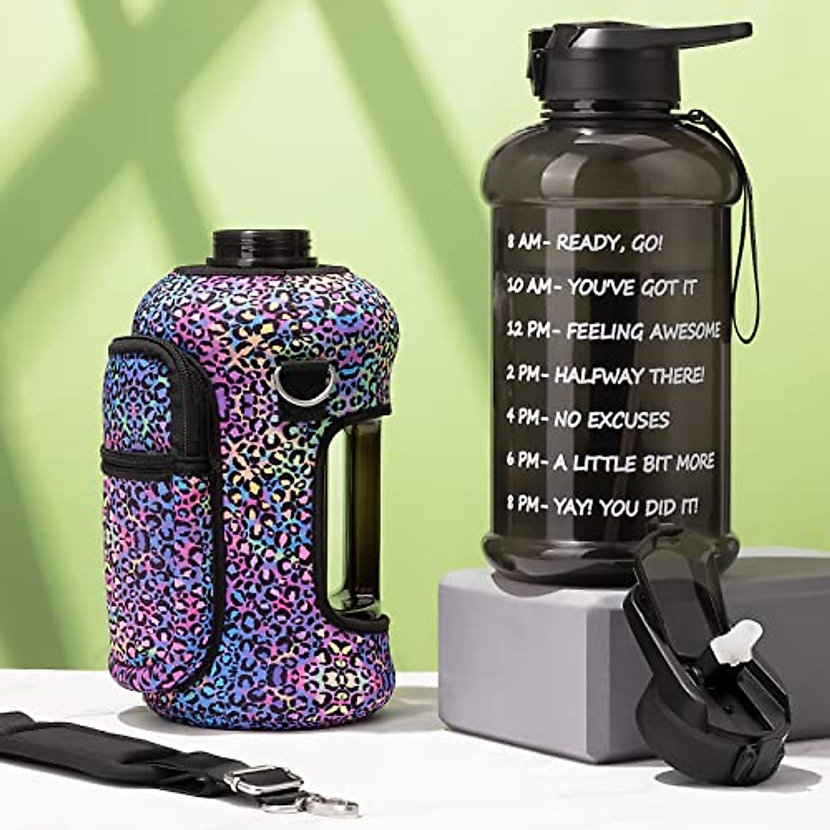 Fimibuke 64 OZ Water Bottle with Handle & Straw, Leakproof Motivational Sports Gym Water Bottle with Time Marker, BPA Free, Neoprene Holder, Leopard