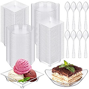 400 Pcs Mini Dessert Plates with Tasting Spoons Disposable Serving Trays 100 Pcs Small Square Appetizer Plates 100 Pcs Clear Plastic Plates 200 Pcs Mini Spoons for Desserts Party Fruit (Oval Leaf)