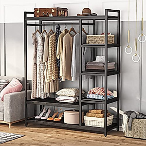 LITTLE TREE Free -Standing Closet Organizer,Heavy Duty Closet Storage with 6 Shelves and Hanging Bar, Large Clothes Storage & Standing Garmen Rack, Black