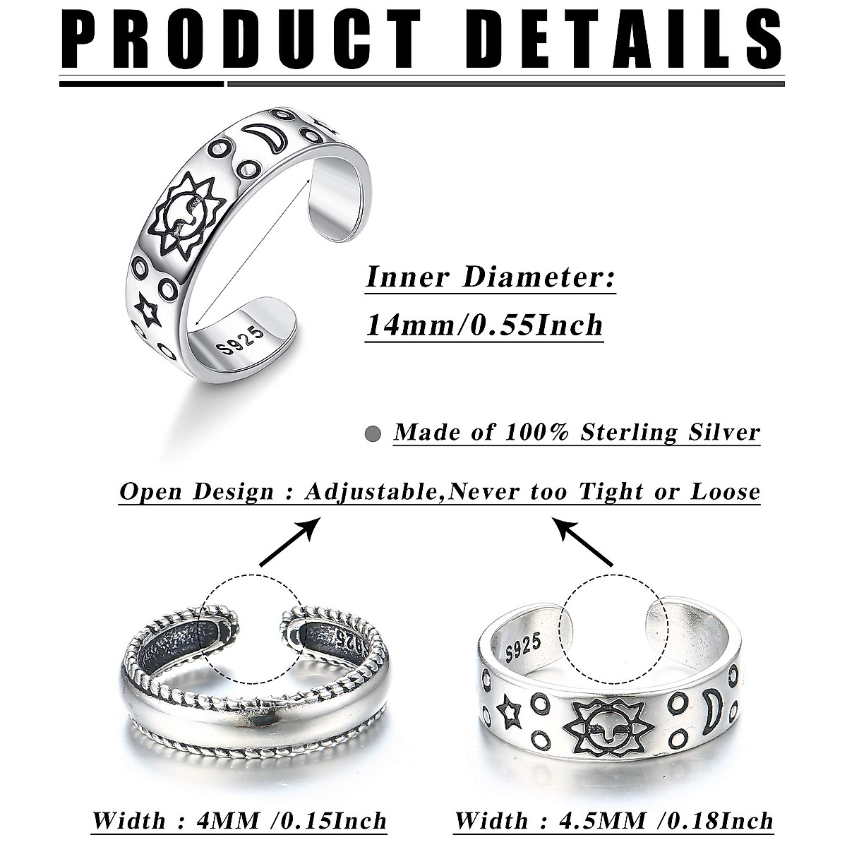 MILACOLATO 2Pcs Sterling Silver Toe Rings for Women 18K White Gold Plated Adjustable Toe Rings Vintage Sun Moon and Star Band Toe Rings Summer Beach Foot Jewelry