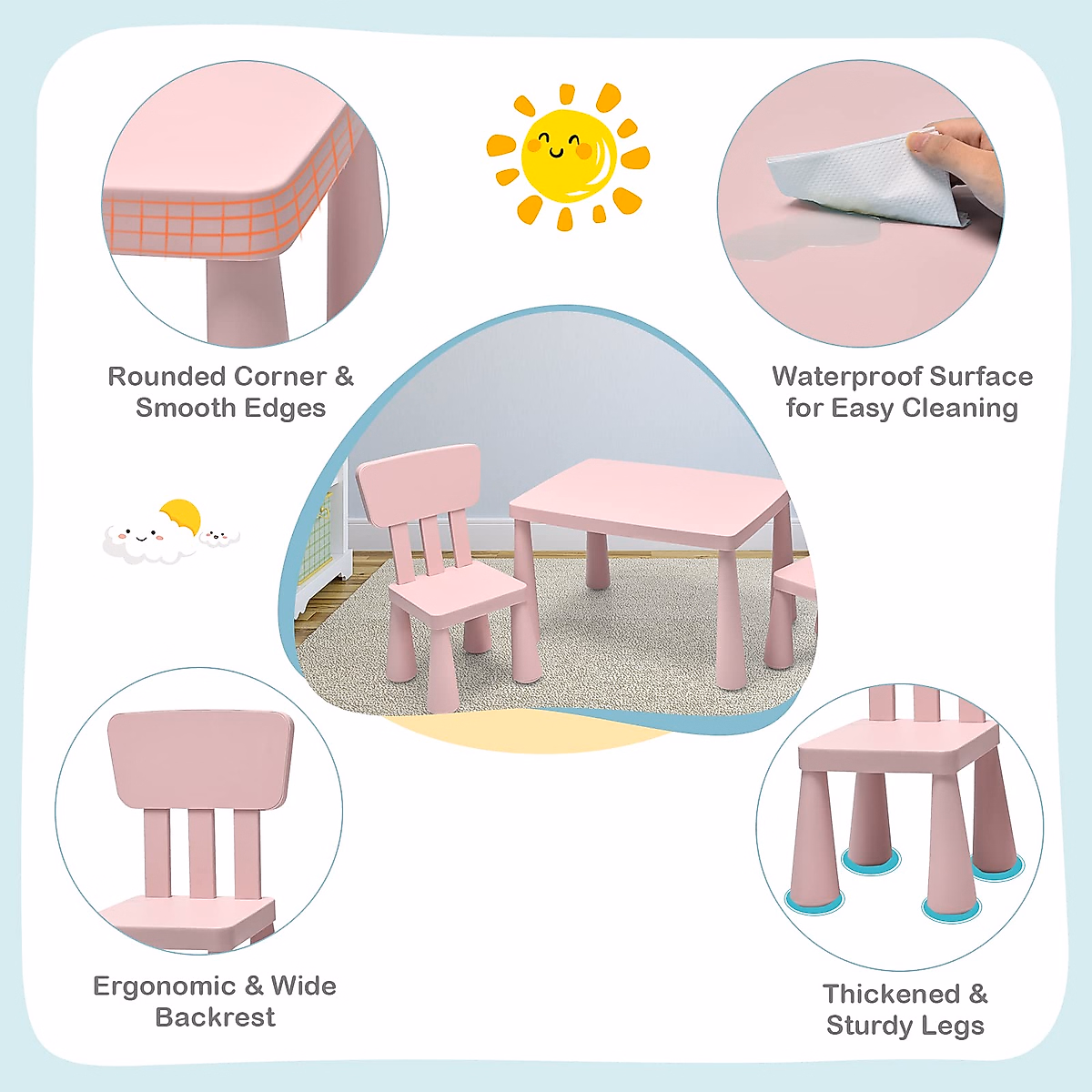 COSTWAY 3-Piece Kids Table and Chairs Set, Lightweight Plastic Children Activity Center for Reading, Writing, Painting, Snack Time, Kids Furniture Art Study Desk & Chairs Set for Ages 1-7 (Pink)