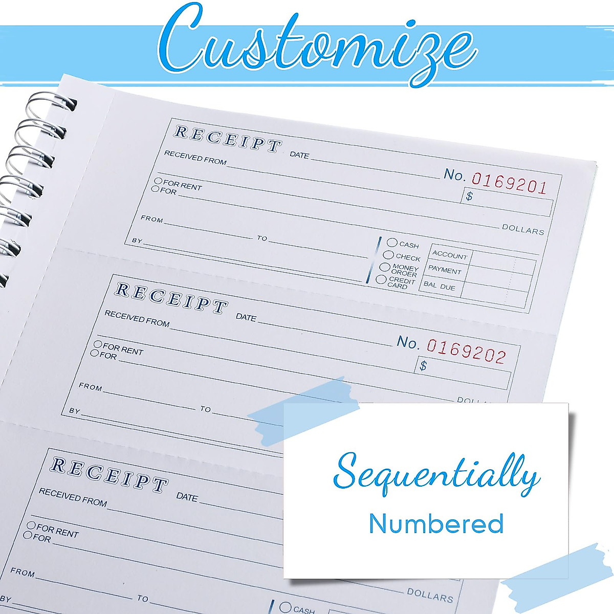 Crtiin 6 Pcs Money and Rent Receipt Book 2 Part Carbonless Receipt Book with Carbon Copies Spiral Bound Cover Receipt Log Book 200 Sets Per Book 4 Receipts Per Page (7-5/8)