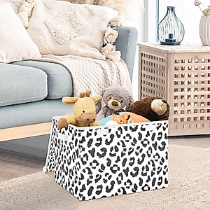 ALAZA Collapsible Large Storage Bin with Lid, Black White Leopard Foldable Storage Cube Box Organizer Basket with Handles, Clothes Blanket Box for Shelves, Closet, Nursery, Playroom