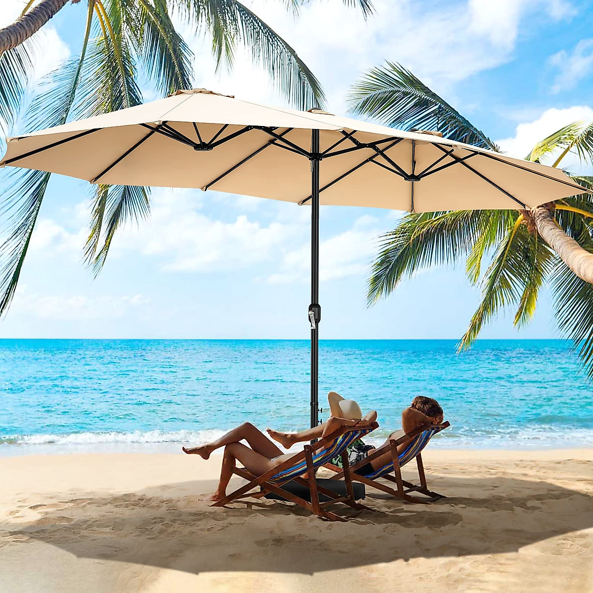 SEJOV 15FT Outdoor Patio Umbrellas with Base Included, Double Sides Market Table Umbrella with Crank System, 12 Steel Ribs and Air Vents, UV Protected Large Deck Umbrella for Garden, Lawn, Poolside