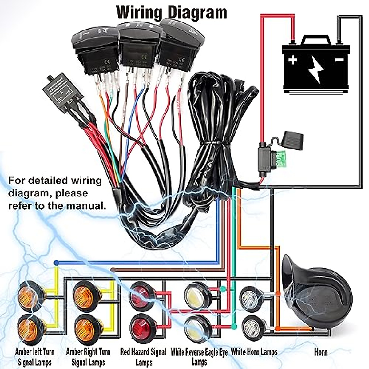 Erchon Pre-wired ATV UTV Turn Signal Horn Kit,Universal Street Legal Kit Warning Light Rocker Switch Kit with 1Horn Reverse Lights Flasher Relay Fuse,blinker kit for UTV ROV ATV Golf SXS