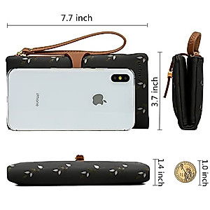 CornerLife Womens Large Wristlet Wallet Bifold with Floral Pattern Card Case Wallet Checkbook Organizer Clutch with Zipper Phone Pocket Girls Cute wallets (Black)