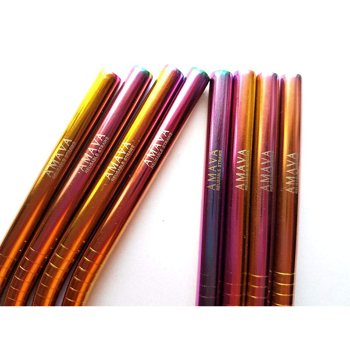 Reusable Straws Set, Stainless Steel Metal, Colorful, Includes 8 Straws, 4 Silicone Tips, 2 Cleaning Brushes, and 2 Travel Pouches, Draw String Bag and Wrap Bag for Hot & Cold Drinks