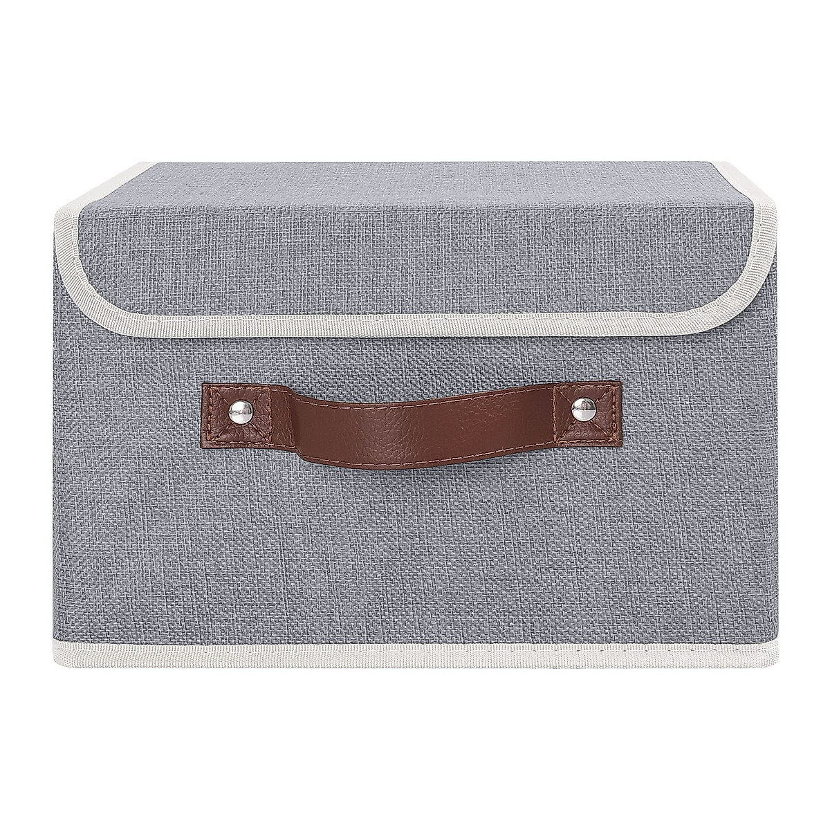 ANMINY Storage Bin with Lid Storage Boxes with PU Leather Handles PP Plastic Board Decorative Foldable Lidded Cotton Linen Fabric Home Cubes Baskets Closet Organizer Container - Gray, Small Size