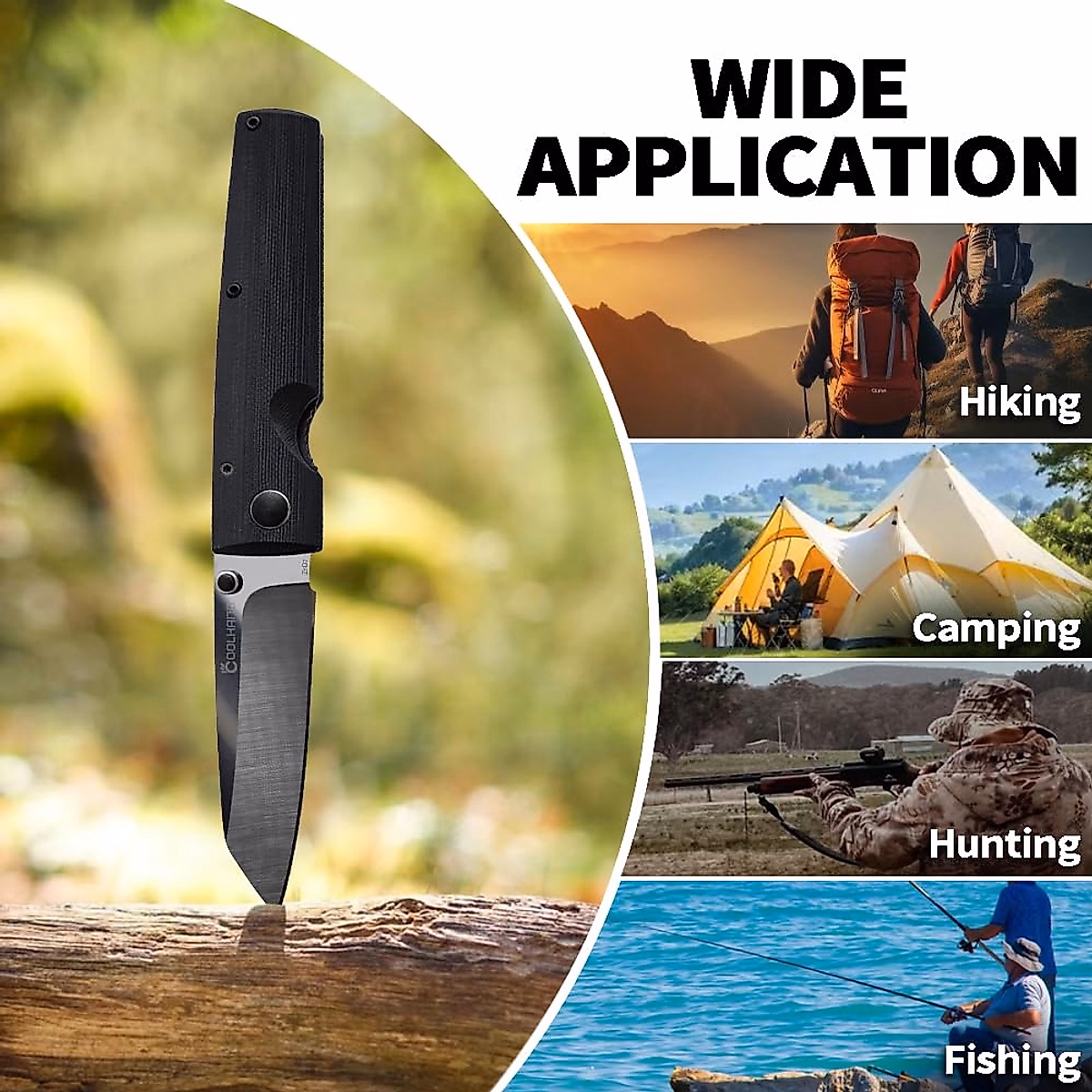 Cool Hand 3.87'' G10 Handle Folding Knife, Sheep Foot Shape Polished Black Ceramic Blade, Liner Lock Mechanism, w/Pocket Clip, EDC Pocket Knives