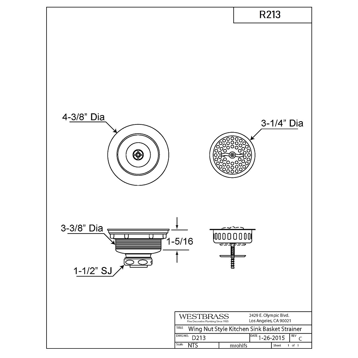 Westbrass R213-11 Wing Nut Style Large Kitchen Basket Strainer, Antique Copper