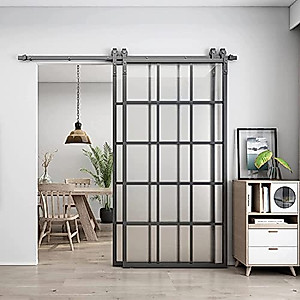 BARNSMITH Bypass Double Glass Barn Door 84 x 84 in with 7.5FT Side-Mounted Hardware Kit, 2 Sets of 42x84 Frosted Glass Aluminum Frame Barn Door,Assemble Required (2 * 42inx 84in)