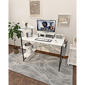 Innerjoin 47 inch Computer Desk with Shelves, Home Office Desk with Monitor Stand, 4 Tier Shelves, Storage Bag, Metal Frames, White