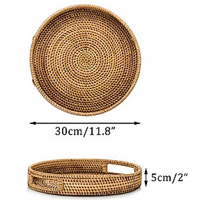 Sziqiqi Rattan Serving Tray Round Woven Decorative Tray for Coffee Table with Handles Display Storage Basket Trays for Fruit Food Drinks Snack Wicker Boho Ottoman Platter